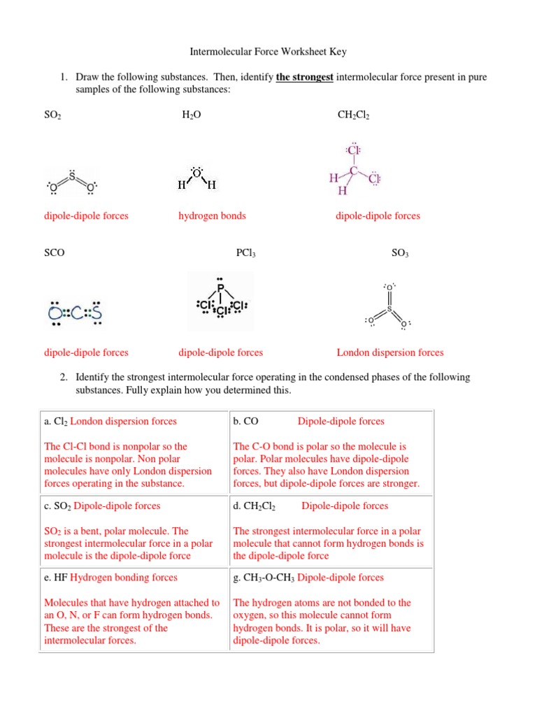 Intermolecular Forces Worksheet Key | PDF | Chemical Polarity ...