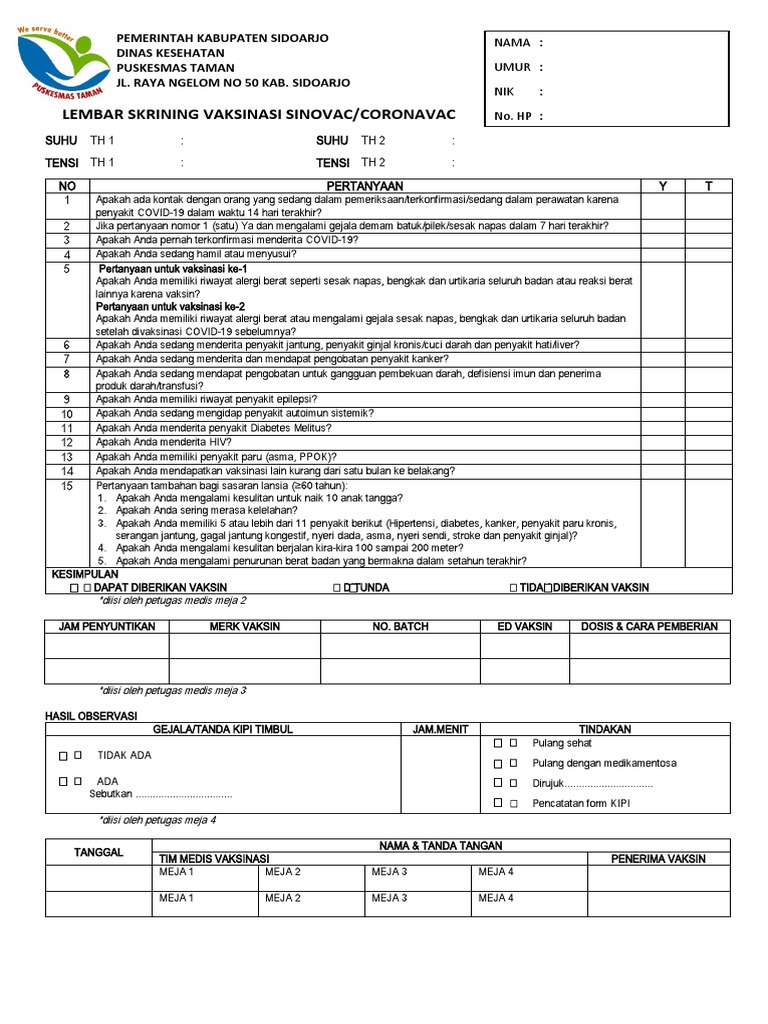 Lembar Skrining Vaksinasi COVID-19 | PDF