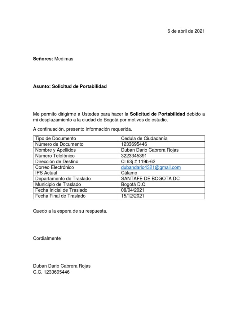Solicitud de Portabilidad | PDF