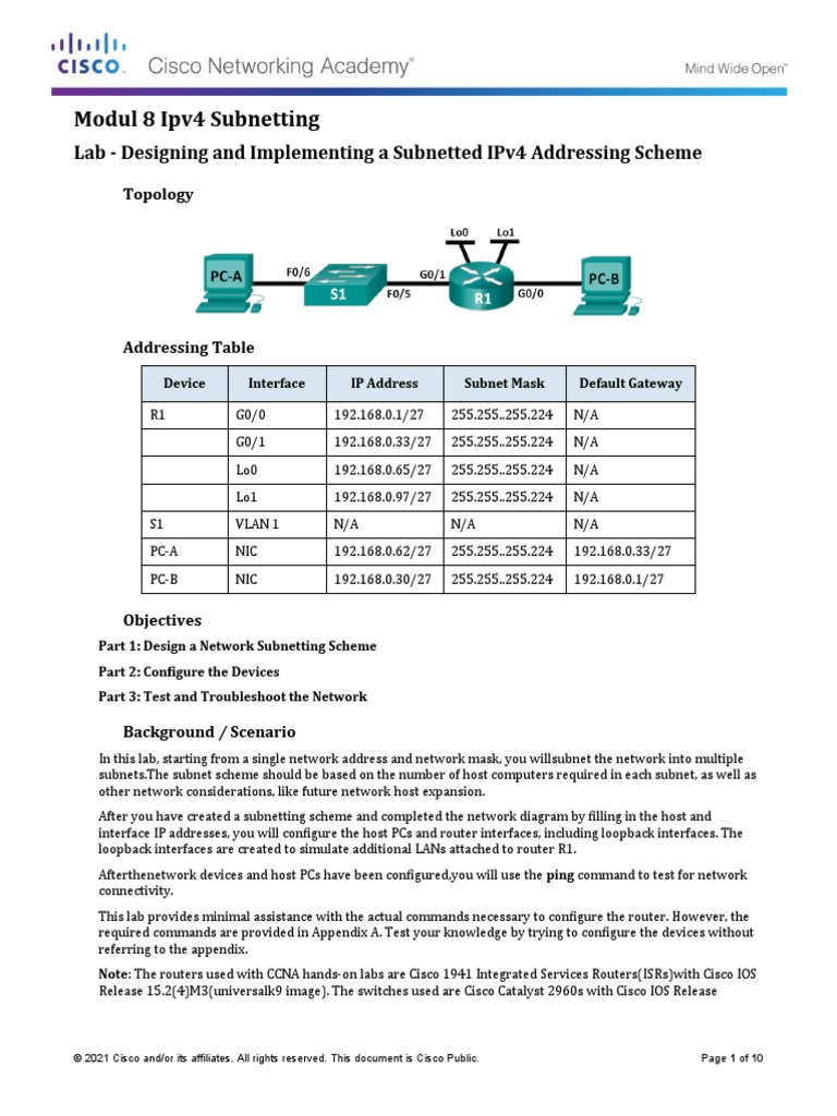 Modul 8 Ipv4 Subnetting Lab Designing And Implementing A Subnetted Ipv4 Addressing Scheme