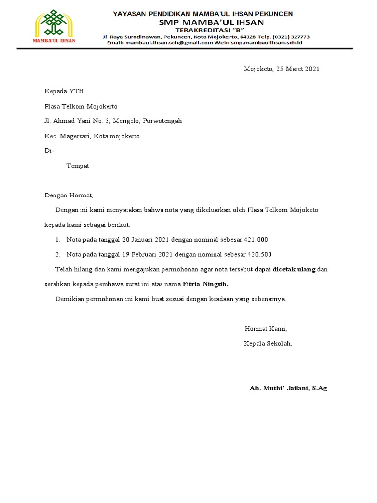 Surat Cetak Ulang Nota Internet | PDF