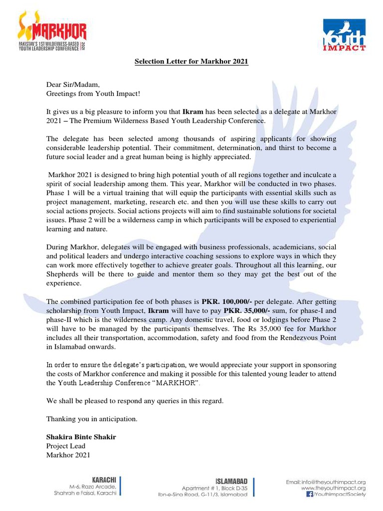 Selection Letter Markhor 2021 | PDF