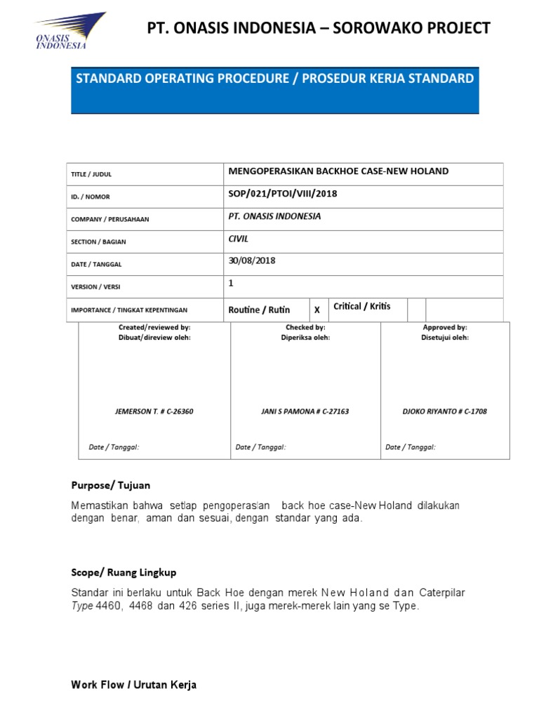 SOP Operasi Backhoe Case-New Holland | PDF | Griya & Taman | Teknologi ...