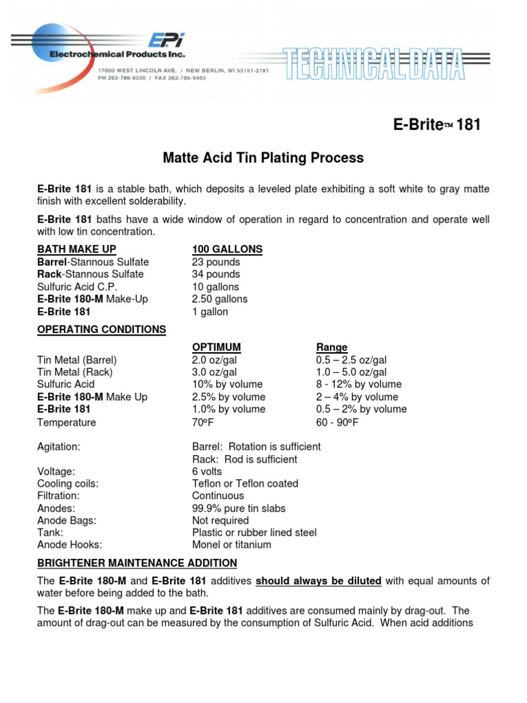 Matte Acid Tin Plating Process: E-Brite 181 | PDF | Titration | Chemistry