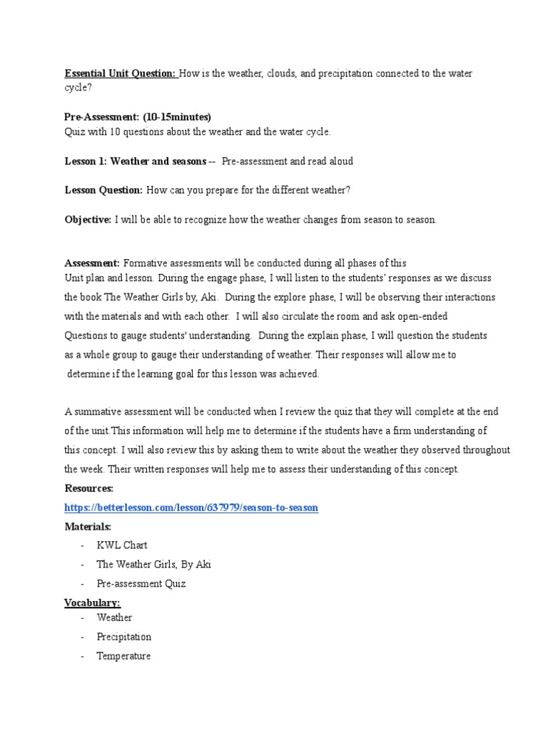 Weather and Seasons Lesson Plan | PDF | Educational Psychology | Learning