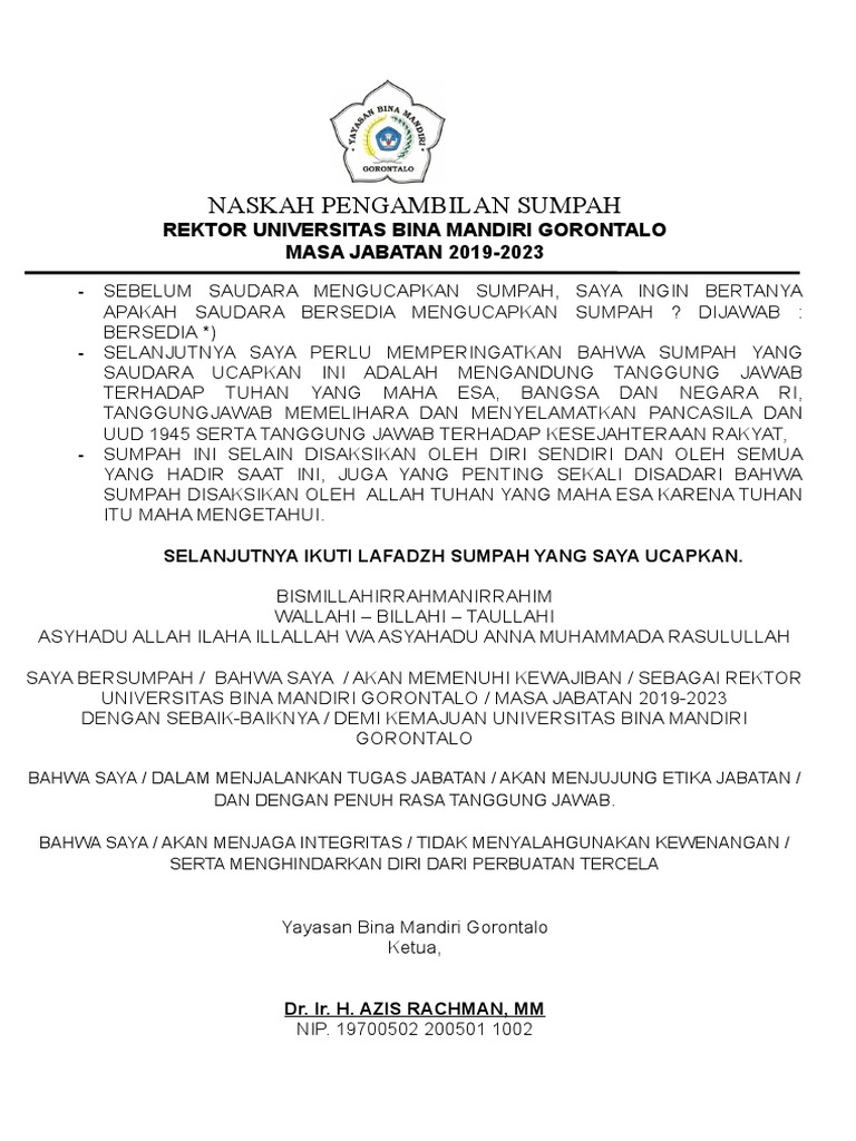 Naskah Pengambilan Sumpah: Rektor Universitas Bina Mandiri Gorontalo ...