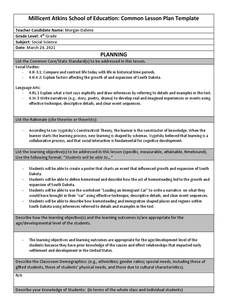 Millicent Atkins School of Education: Common Lesson Plan Template | PDF ...