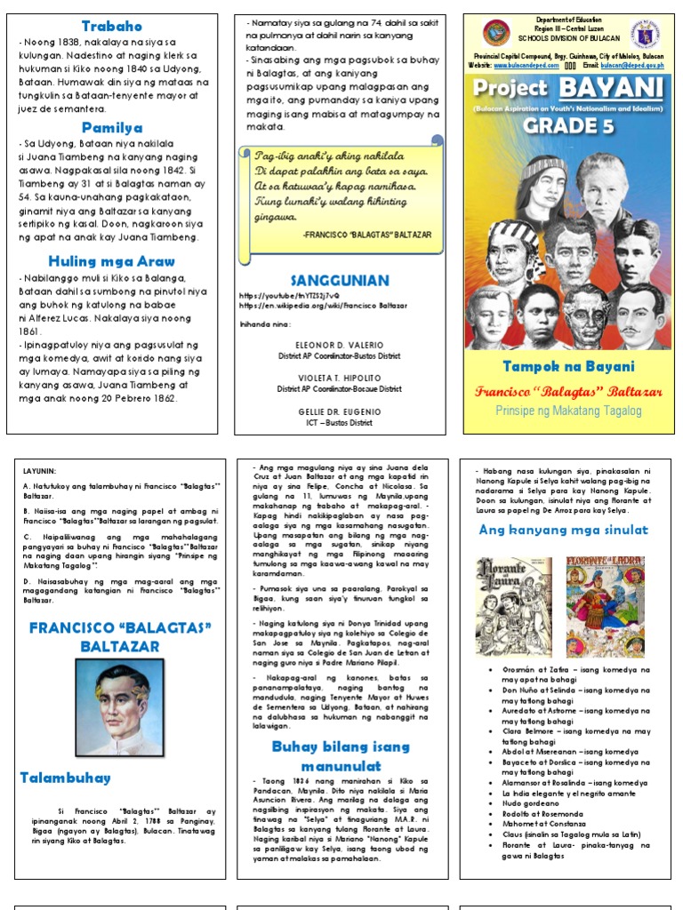 Grade 5 Francisco Baltazar Project Bayani Brochure | PDF