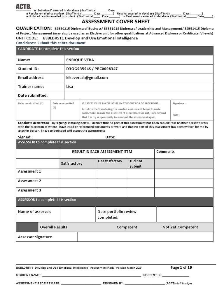 BSBLDR501 - Emotional Intelligence - Assessment Pack. | PDF | Emotional ...