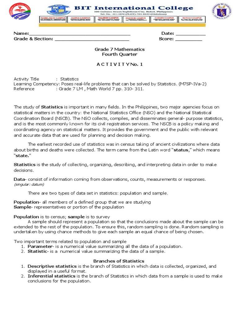 Grade 7 4th Quarter 1-3 Week | PDF | Level Of Measurement | Statistics