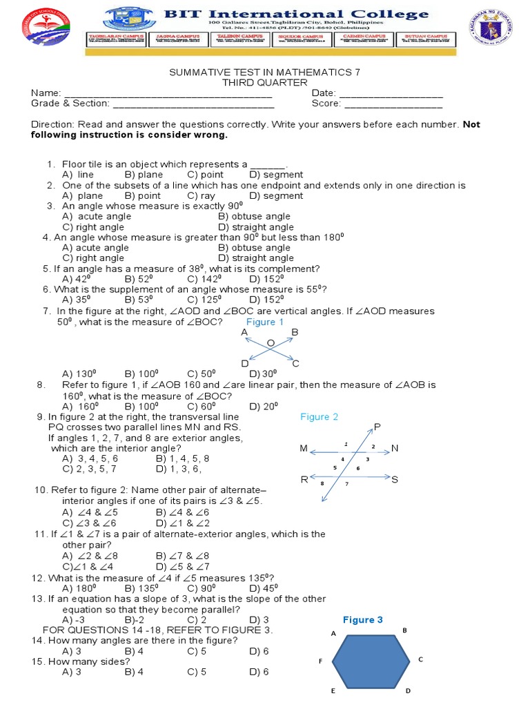 Grade 7 Math 3rd Quarter Test | PDF | Circle | Rectangle