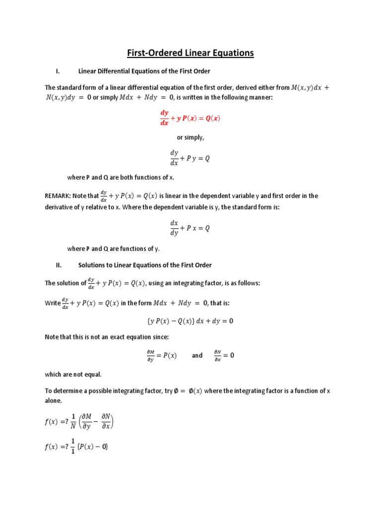 First Order Linear Diffirential Equation | PDF | Equations ...