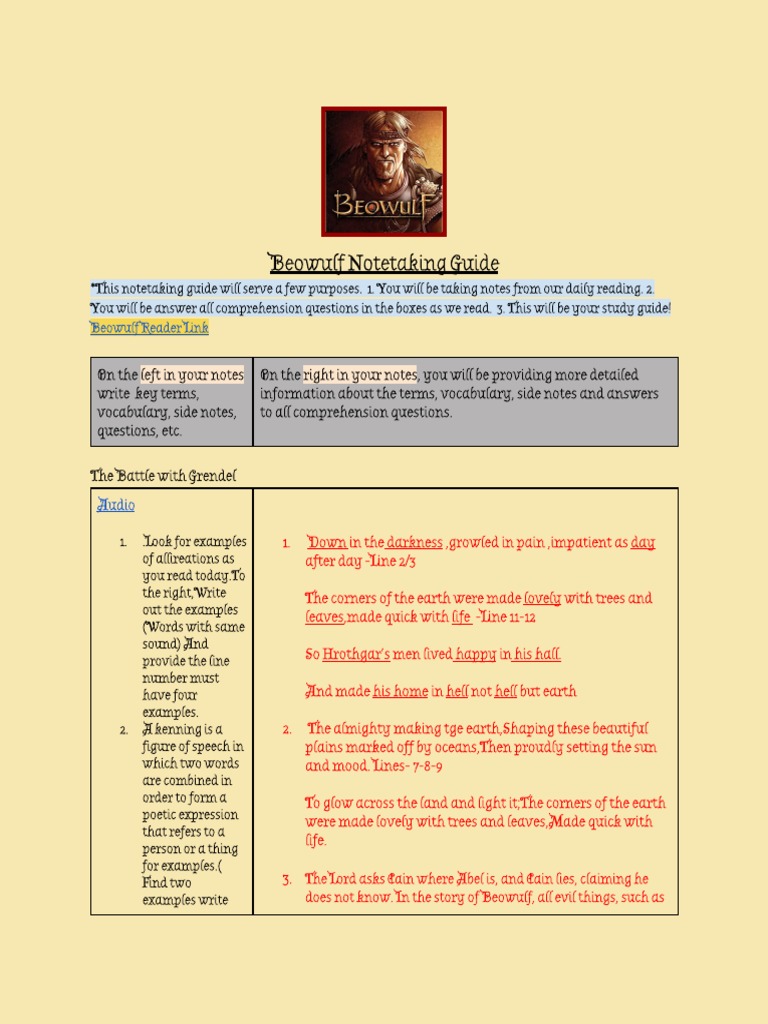 Heather Baker - Beowulf Reading Guide | PDF