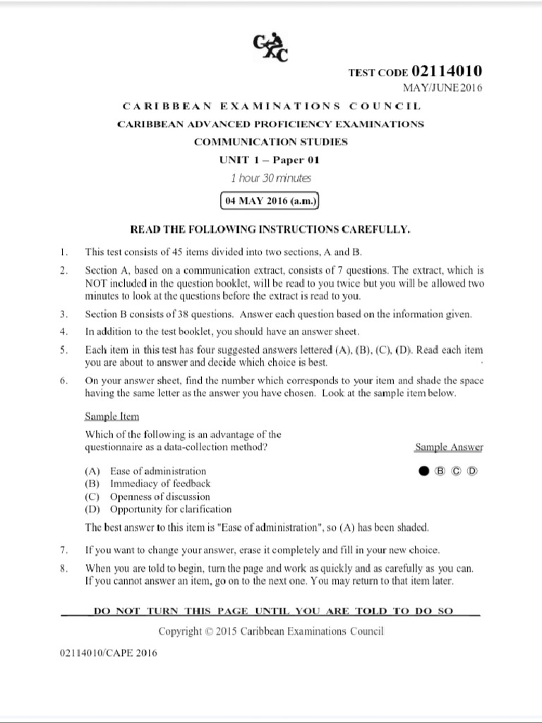 CAPE Communication Studies 2016 Paper 1 | PDF