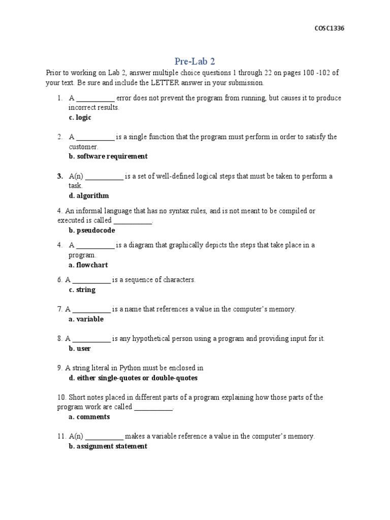 Pre-Lab 2: COSC1336 | PDF | Computer Program | Programming