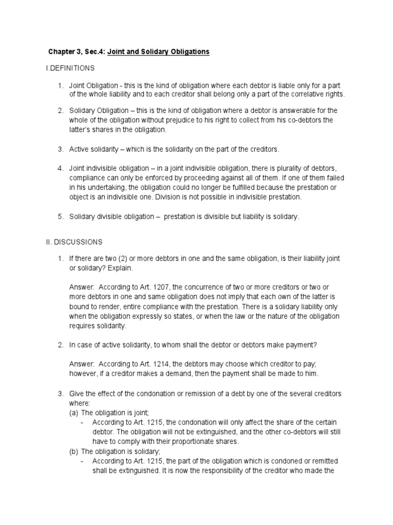 Understanding Joint and Solidary Obligations: Definitions, Discussions ...