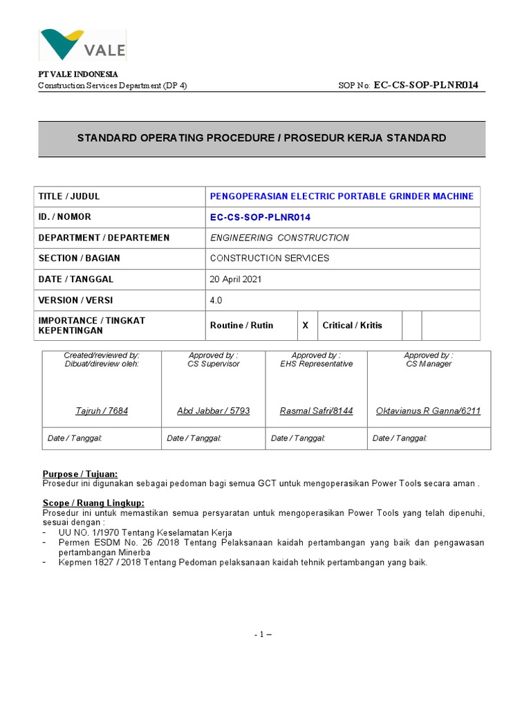 SOP - Electric Portable Grinder Machine | PDF