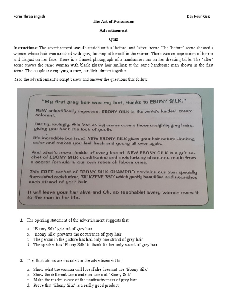 The Art of Persuasion-Advertisement Reading Comprehension Worksheet Day ...