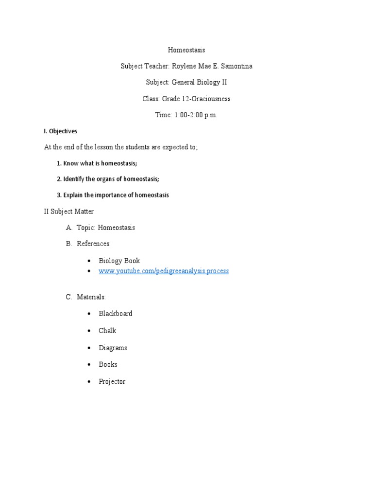 Homeostasis Lesson Plan | PDF | Homeostasis | Blood Vessel