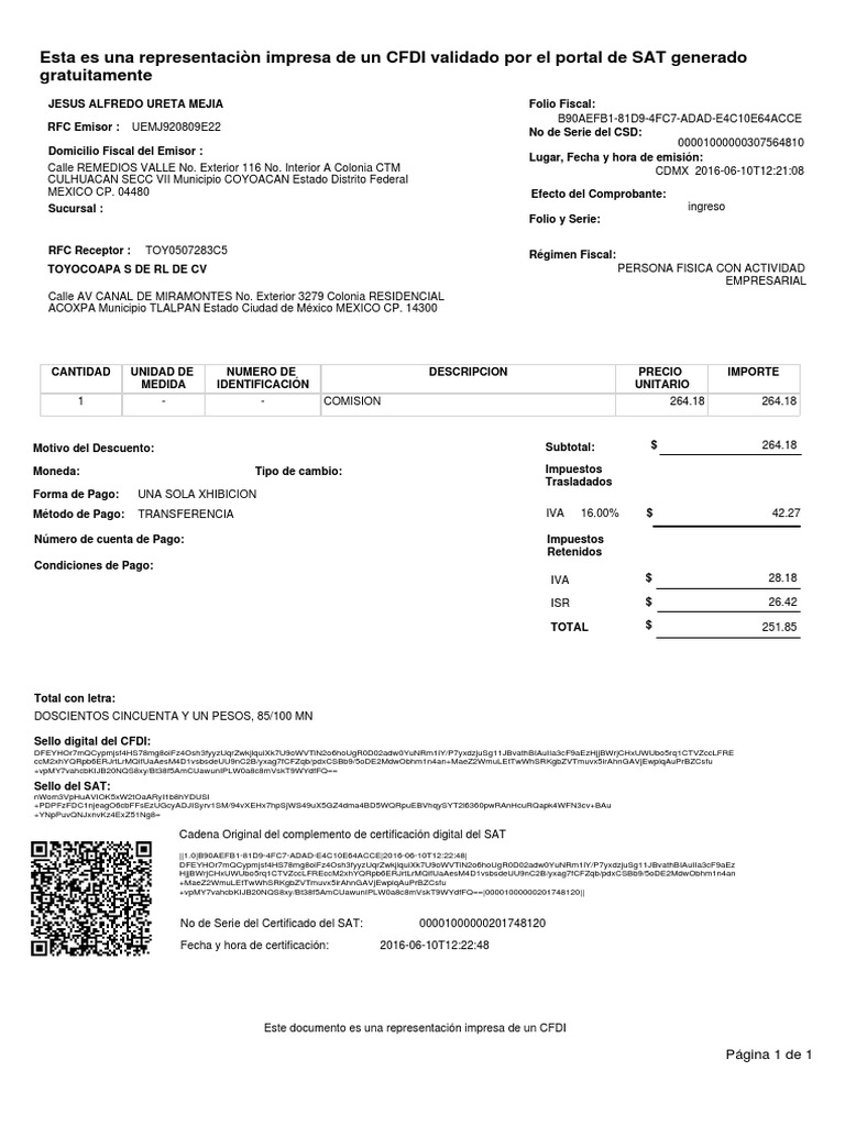 Esta Es Una Representaciòn Impresa de Un CFDI Validado Por El Portal de ...
