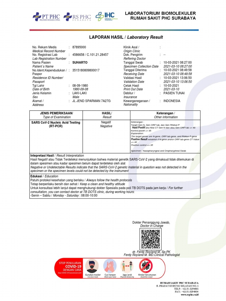 LAPORAN HASIL / Laboratory Result: Suharto | PDF