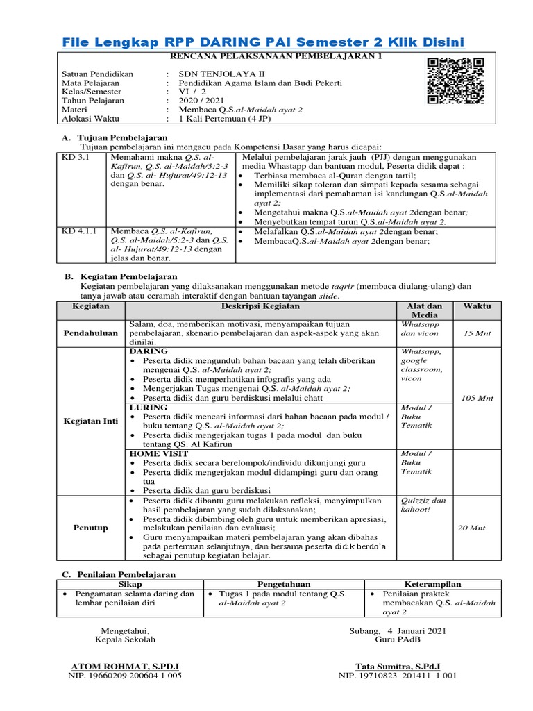 File Lengkap RPP DARING PAI Semester 2 Klik Disini | PDF