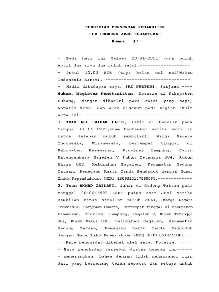 Draft Akta Minuta CV Lumbung Argo Sejatera | PDF