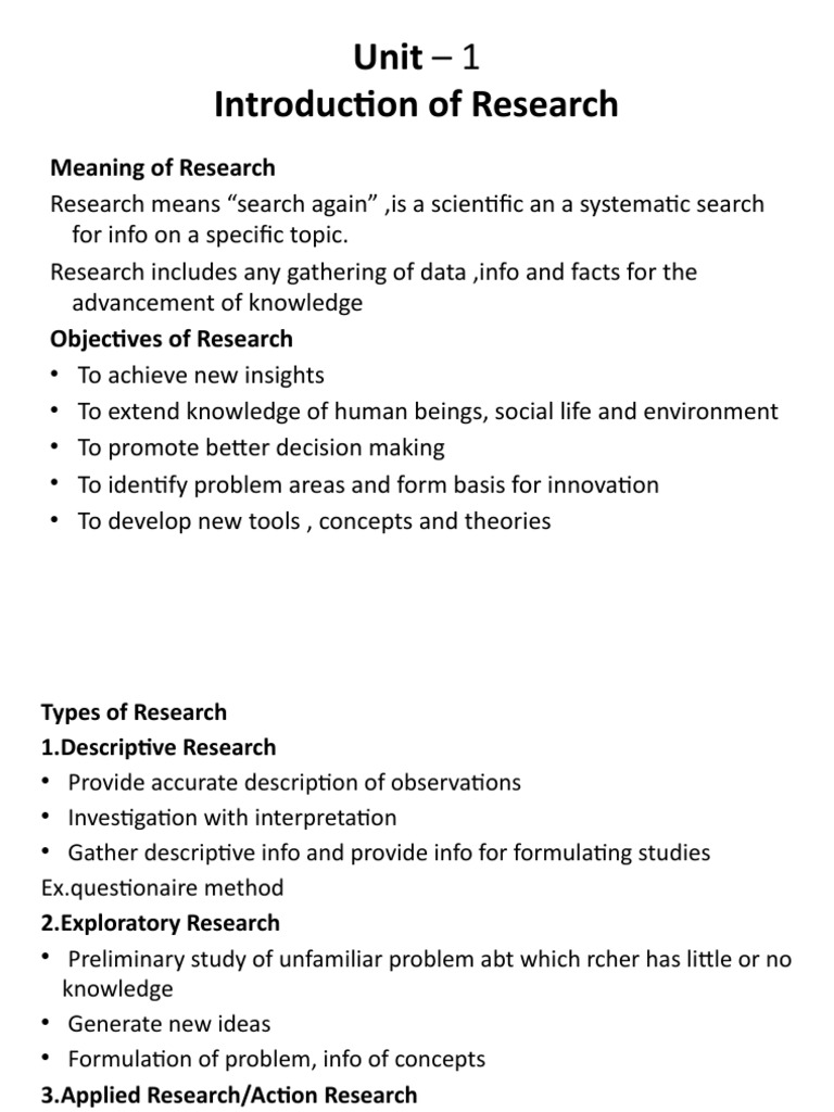 Unit - 1 Introduction of Research | PDF | Research Design | Design Of ...