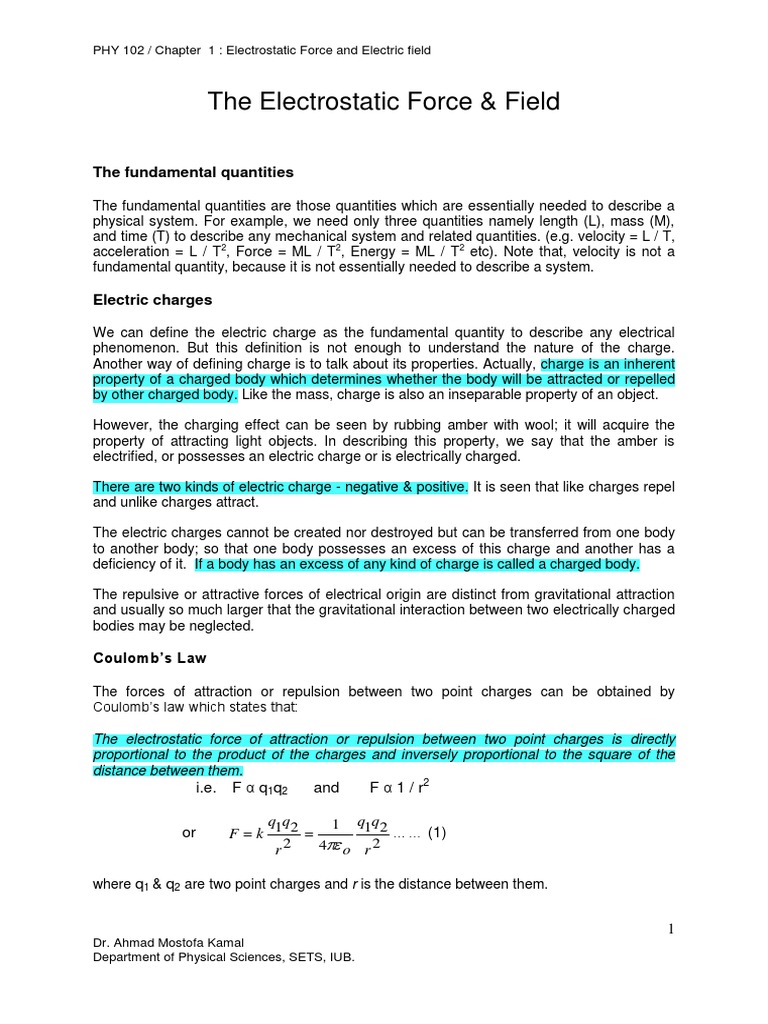 Electrostatic Force and Electric Field Basics | PDF | Electric Field ...
