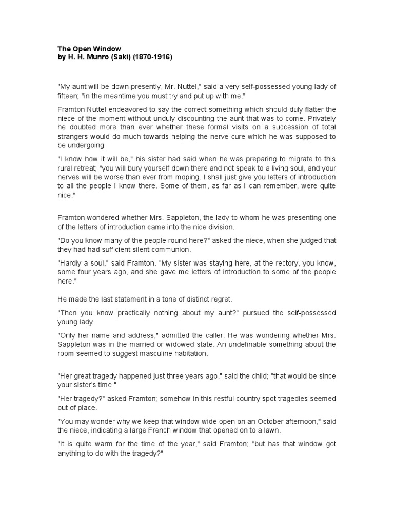 The Open Window by H. H. Munro (Saki) (1870-1916) | PDF | Saki