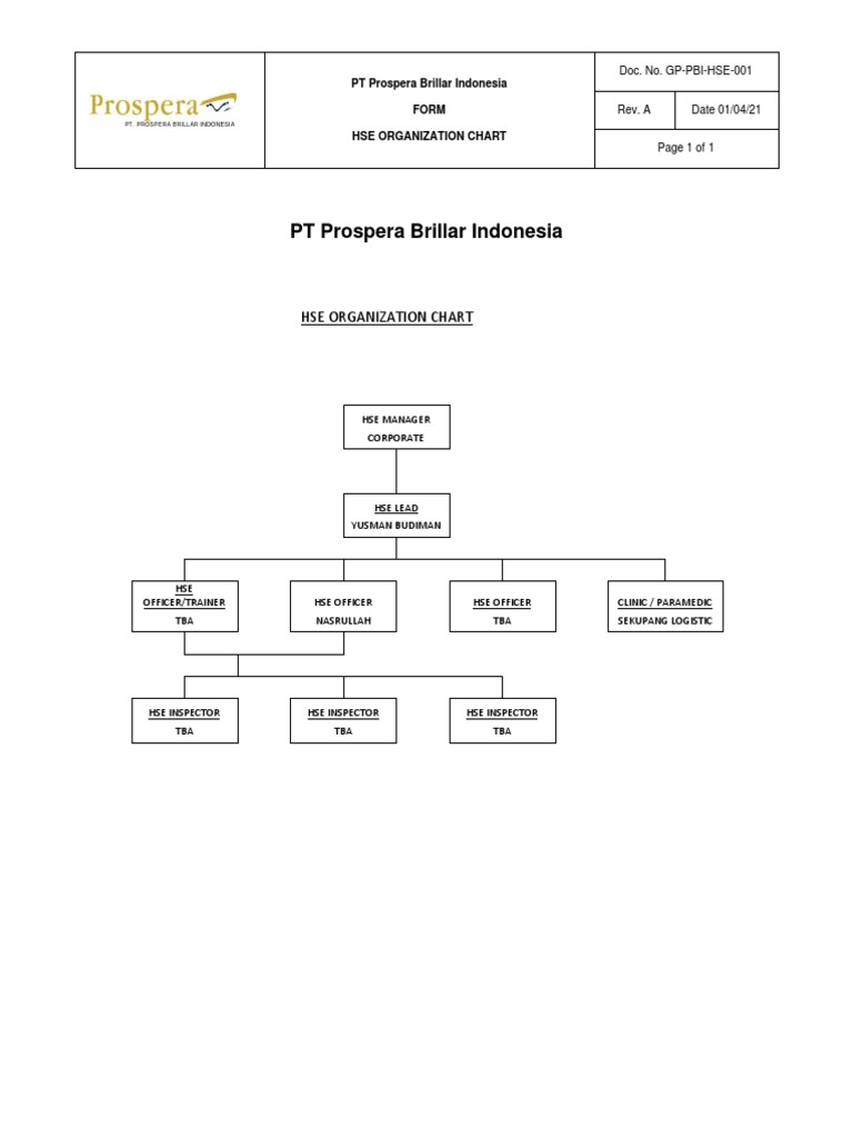 PT Prospera Brillar Indonesia: Hse Organization Chart | PDF