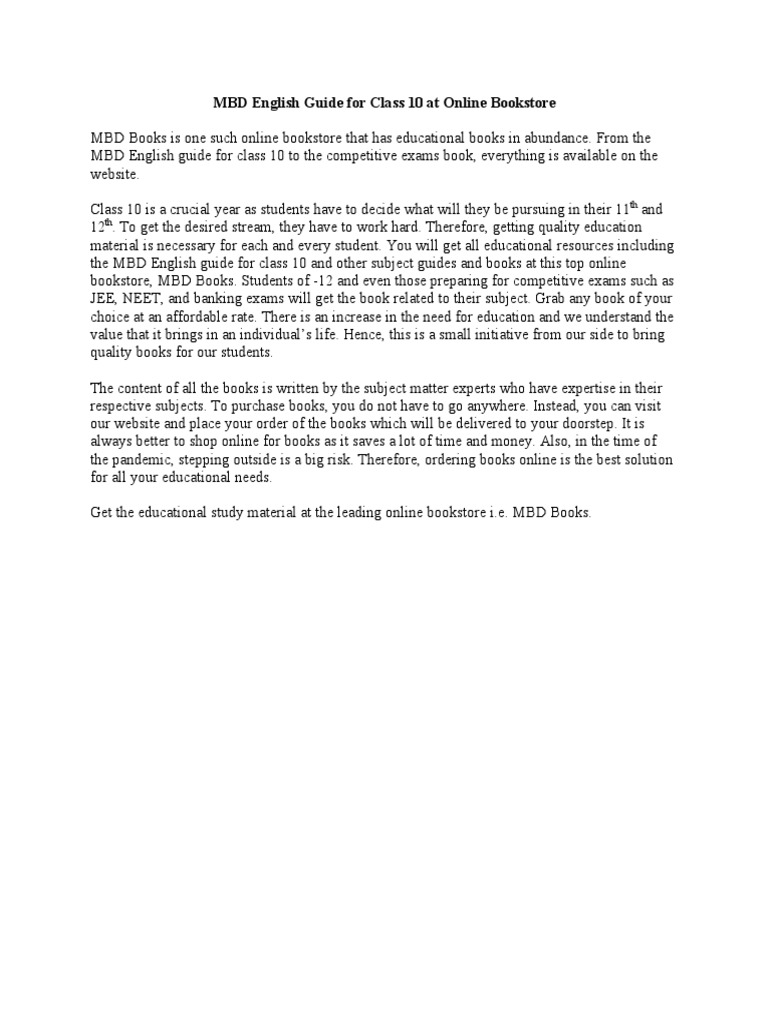 MBD English Guide For Class 10 at Online Bookstore | PDF