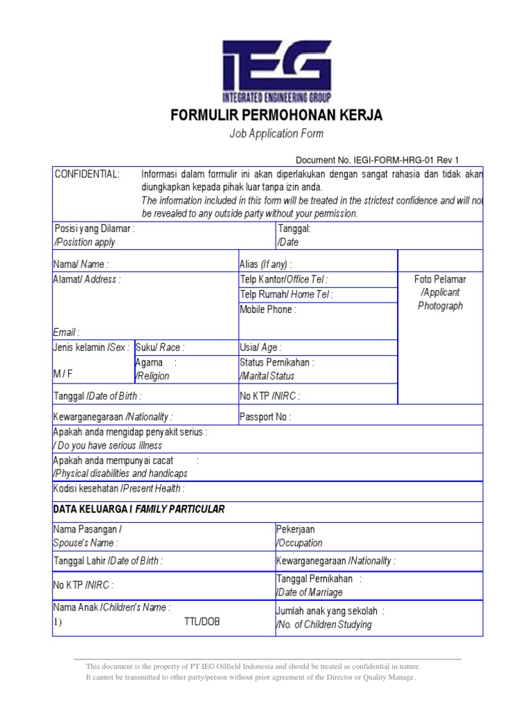 IEGI-FORM-HRG-01 Rev1 Job Application Form - Formulir Permohonan Kerja | Download Free PDF ...