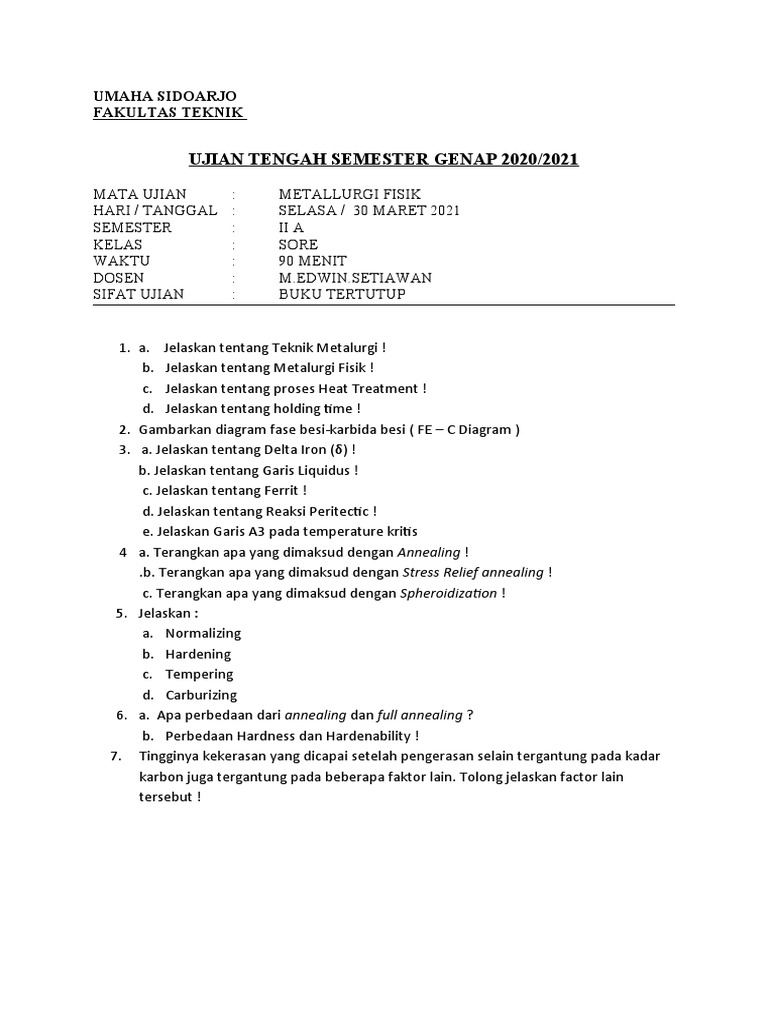 Soal Uts TM Genap Umaha 2021-Metalurgi Fisik | PDF