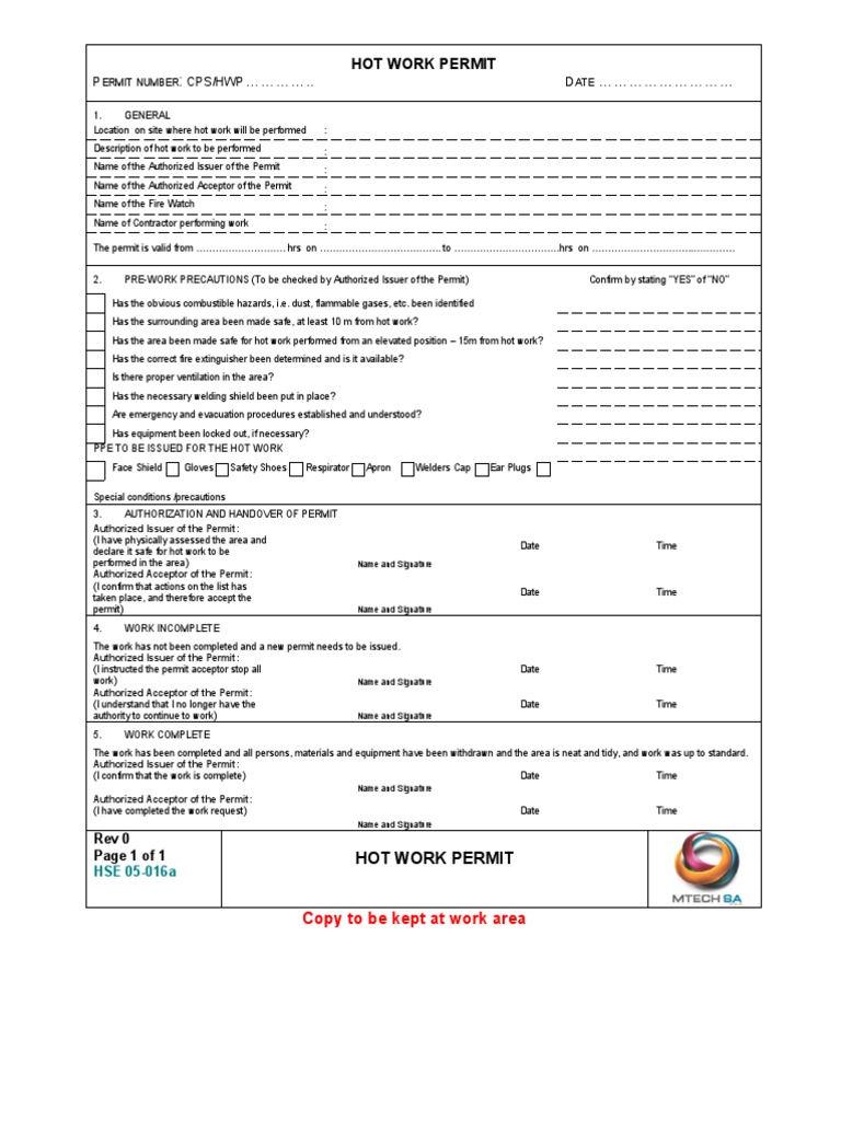 HSE 05-016a Hot Work Permit | Labor Relations | Hazards