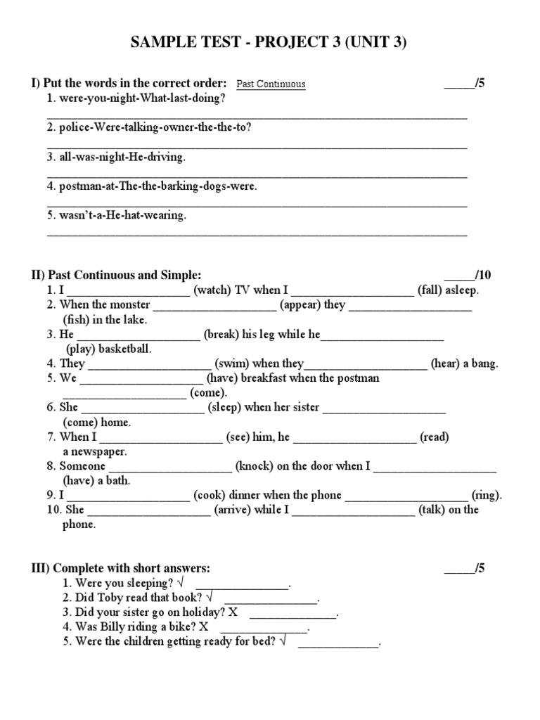 Sample Test - Project 3 (Unit 3) : I) Put The Words in The Correct ...