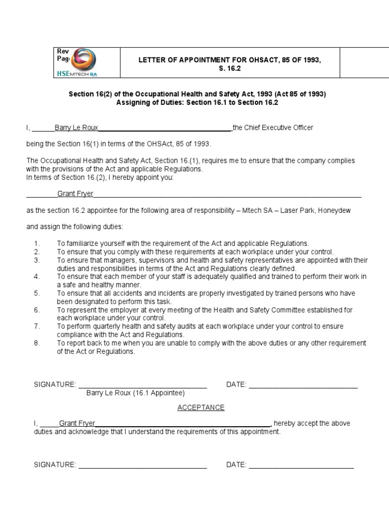 16.2 Appointment Responsibilities Letter | PDF | Occupational Safety ...