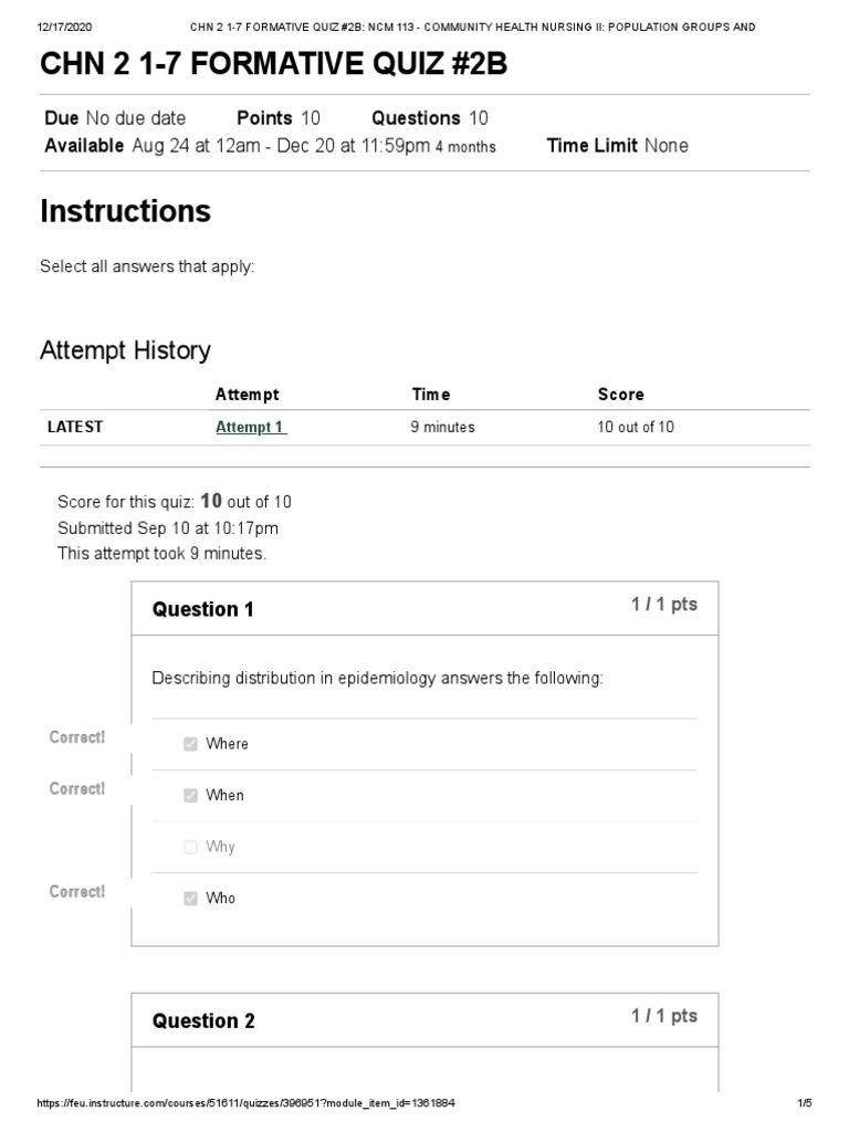 CHN 2 1-7 Formative Quiz #2B - NCM 113 - Community Health Nursing Ii - Population Groups and ...