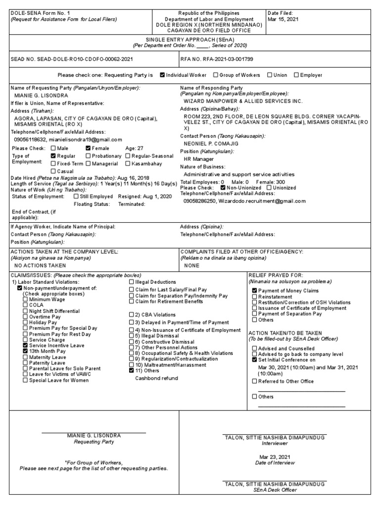 LISONDRA Vs WIZARD MANPOWER - RFA Form 1 | PDF | Employment ...