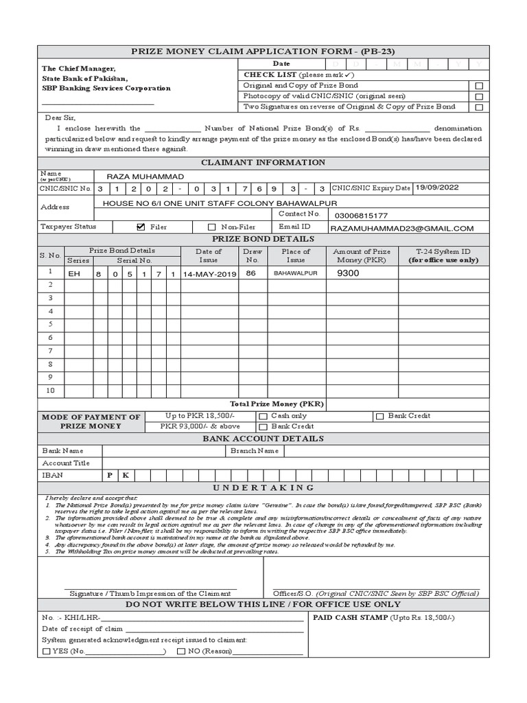 Prize Money Claim Application Form - (Pb-23) : Claimant Information ...