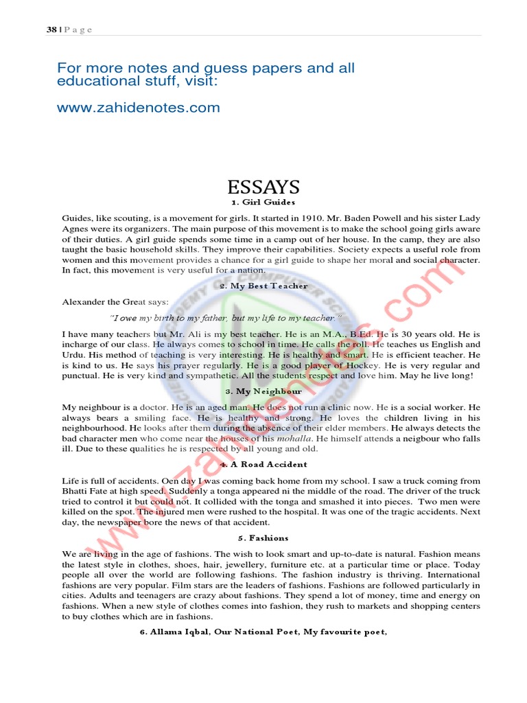 10th Class English Essays Notes Zahid Notes | PDF | Muhammad Ali Jinnah