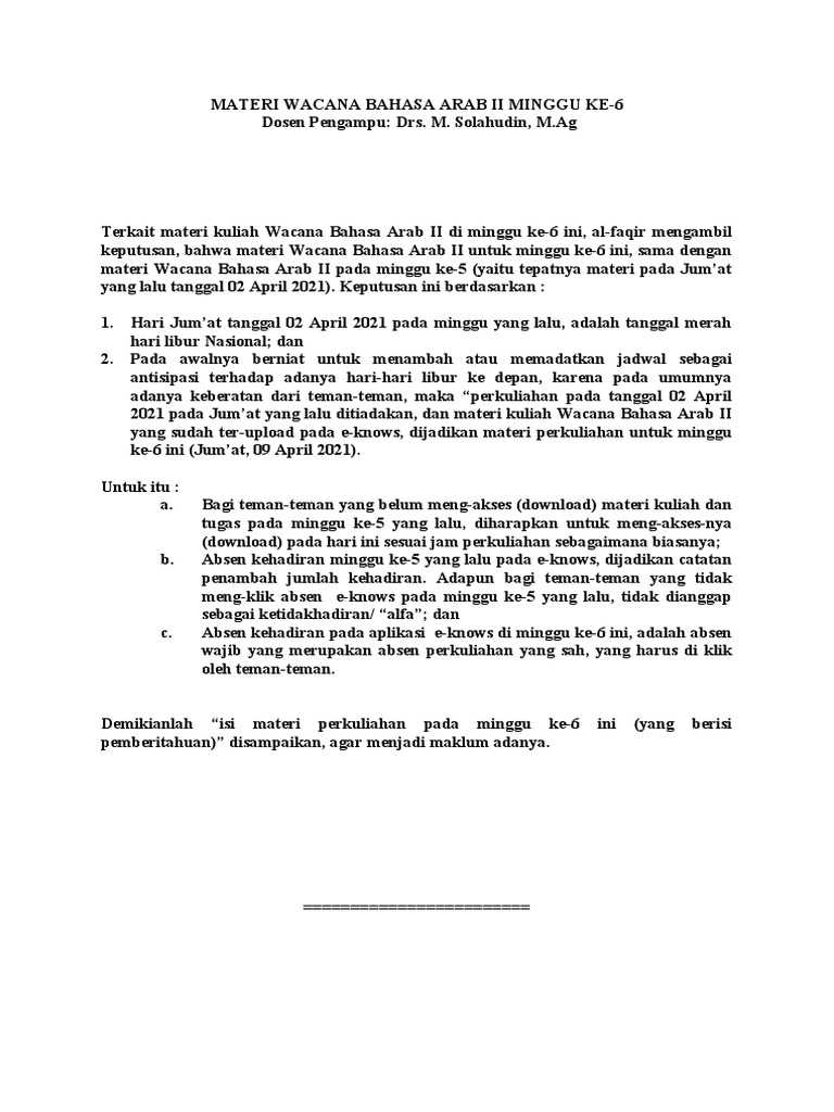 Wacana Bahasa Arab II (Materi Kuliah, IAT-IV-C) - Minggu Ke-6 | PDF