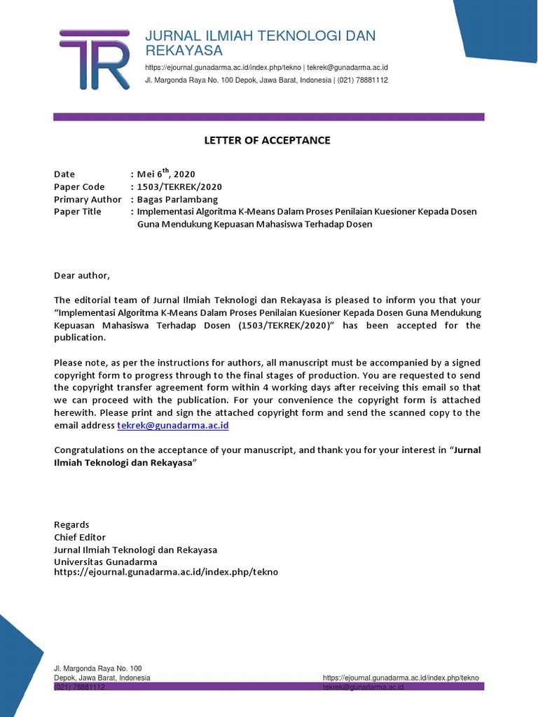 Jurnal Ilmiah Teknologi Dan Rekayasa: Letter of Acceptance | PDF