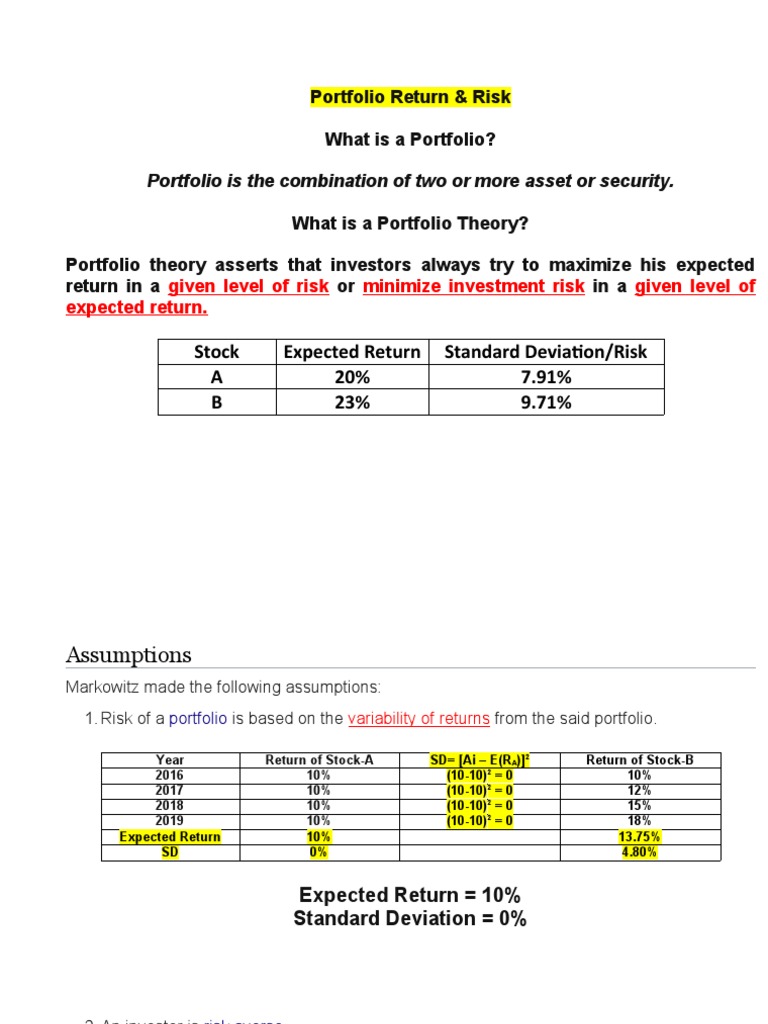 Portfolio Return & Risk | PDF | Modern Portfolio Theory | Standard ...