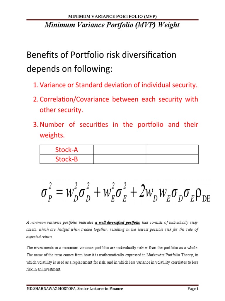 Minimum Variance Portfolio Pdf Modern Portfolio Theory