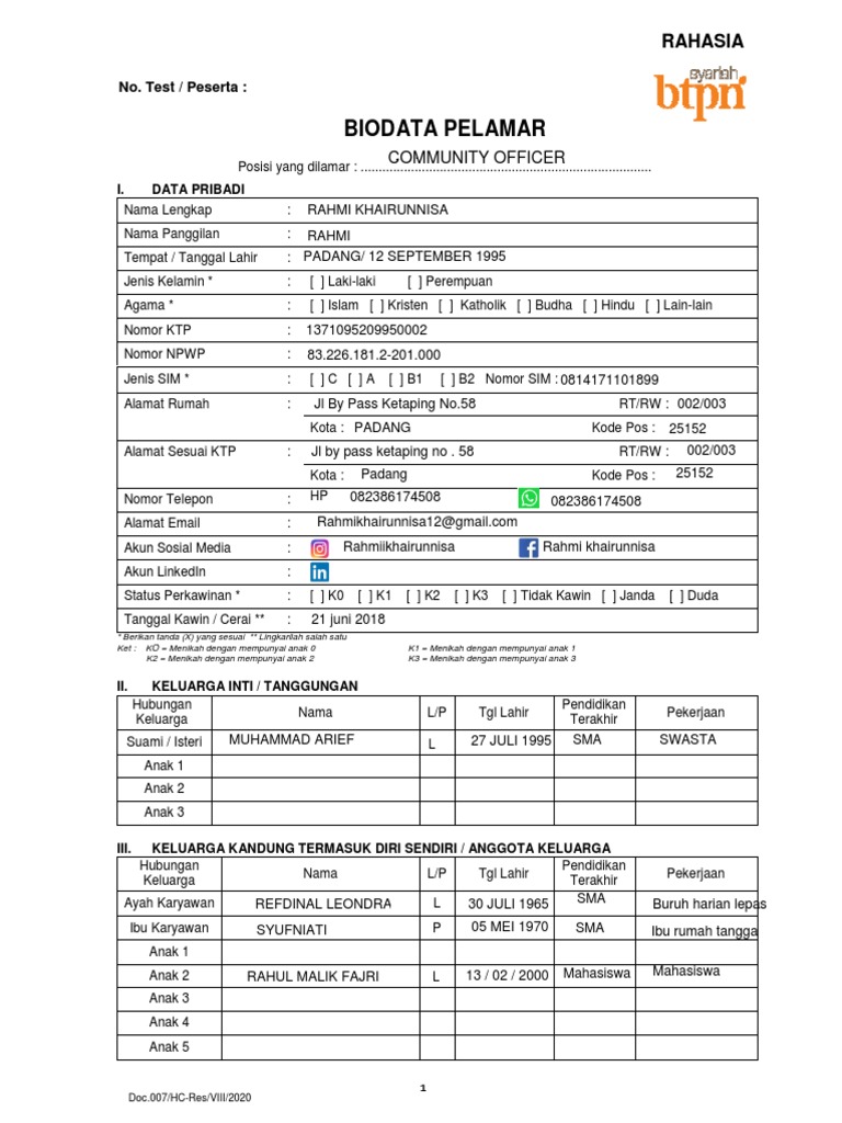 Form Biodata Pelamar New 202008 - Final | PDF