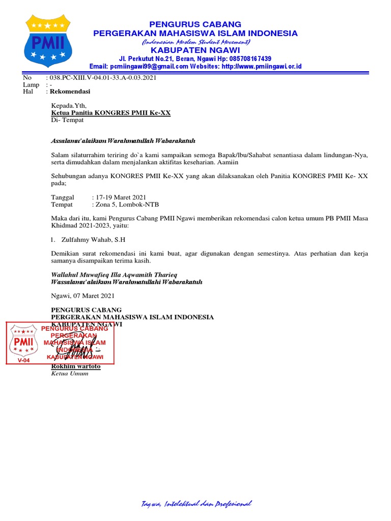 Surat RekomendasCATUM PB KONGRES PMII 20 - PC PMII NGAWI | PDF | Ilmu Sosial