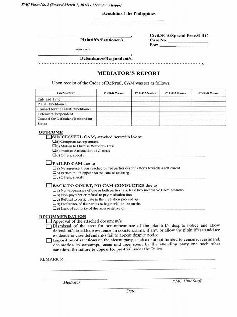 PMC Forms Under The 2020 Guidelines On CAM and JDR in Civil Cases | PDF | Mediation | Lawsuit