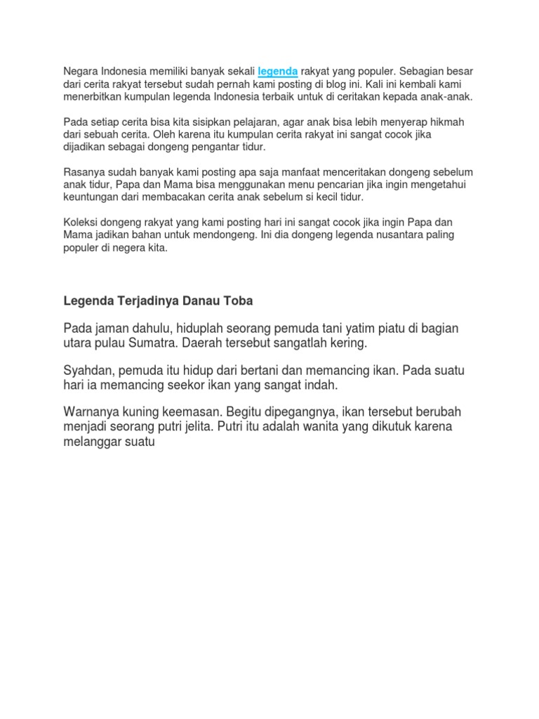 Legenda Danau Toba Part 1 | PDF | Perjalanan | Fiksi Misteri, Thriller ...