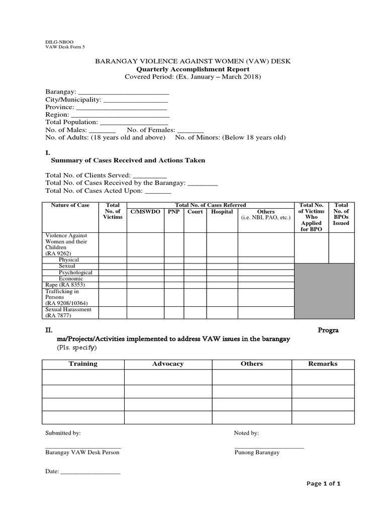 Quarterly Accomplishment Report: Dilg-Nboo VAW Desk Form 5 | PDF